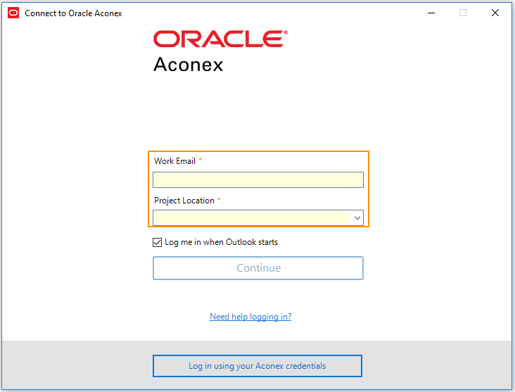 Log into Aconex for Outlook through your company’s network